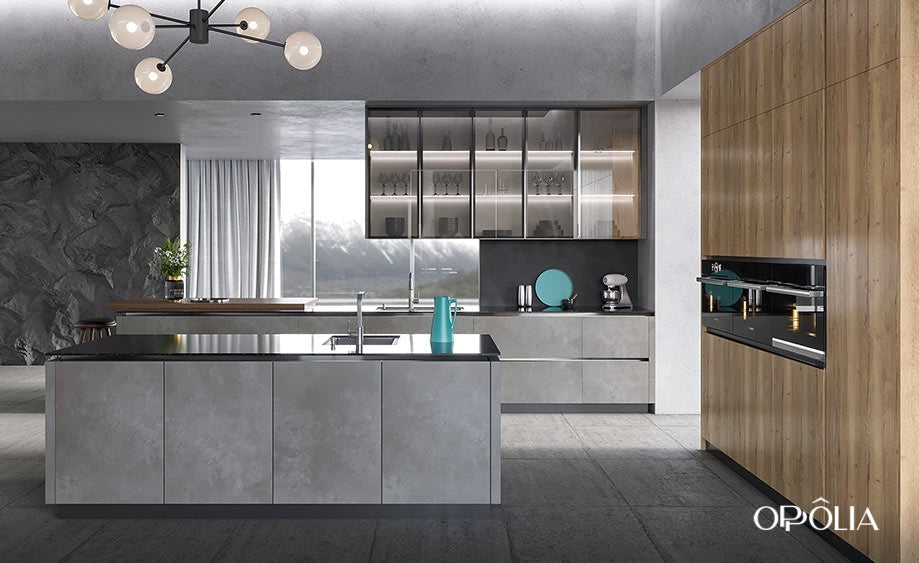 Industrial Kitchen Design with Grey Stone Effect Doors OBK23-L06 ...